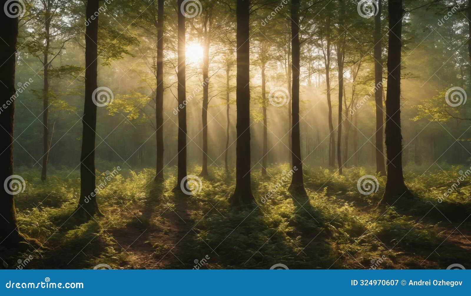 Sunbeams Dappling through the Trees in a Misty Morning Forest Stock ...