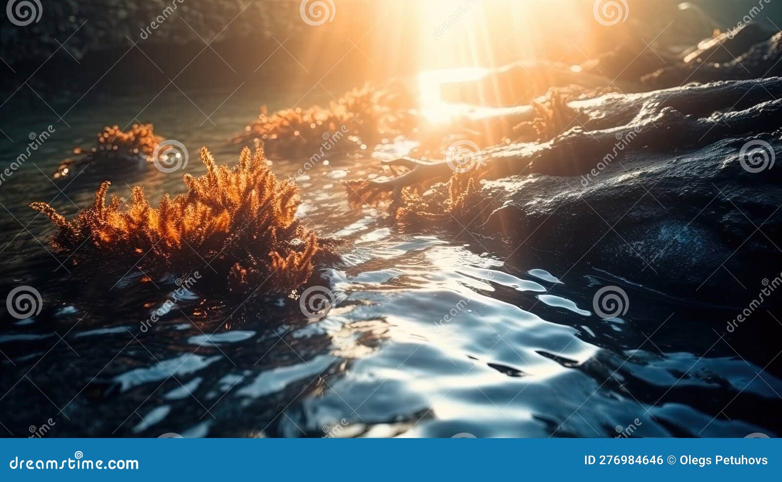 The Sun Shines Brightly Over a Stream of Water and Grass Stock ...