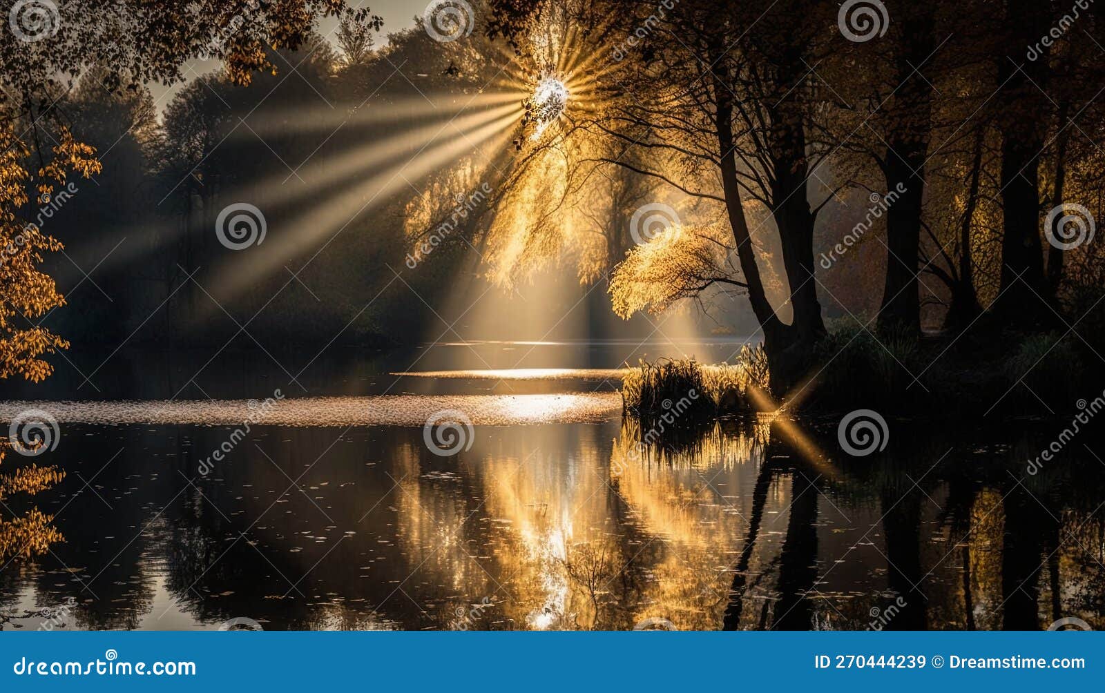 The Sun Shines Brightly through the Trees Over the Water. Generative Ai ...