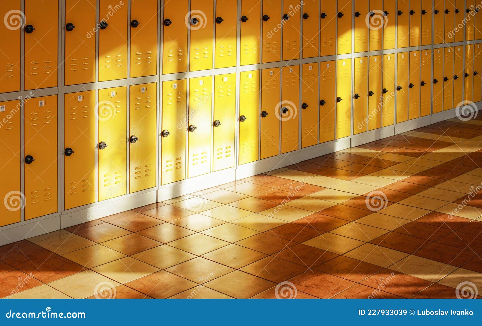 Sun Shines on Empty Elementary School Hall, Numbered Lockers at the ...