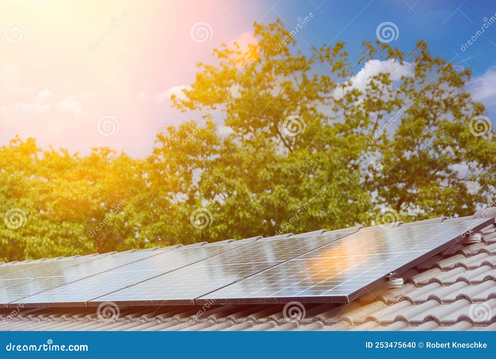 Sun Shines on Roof with Solar System in Summer Stock Photo - Image of ...