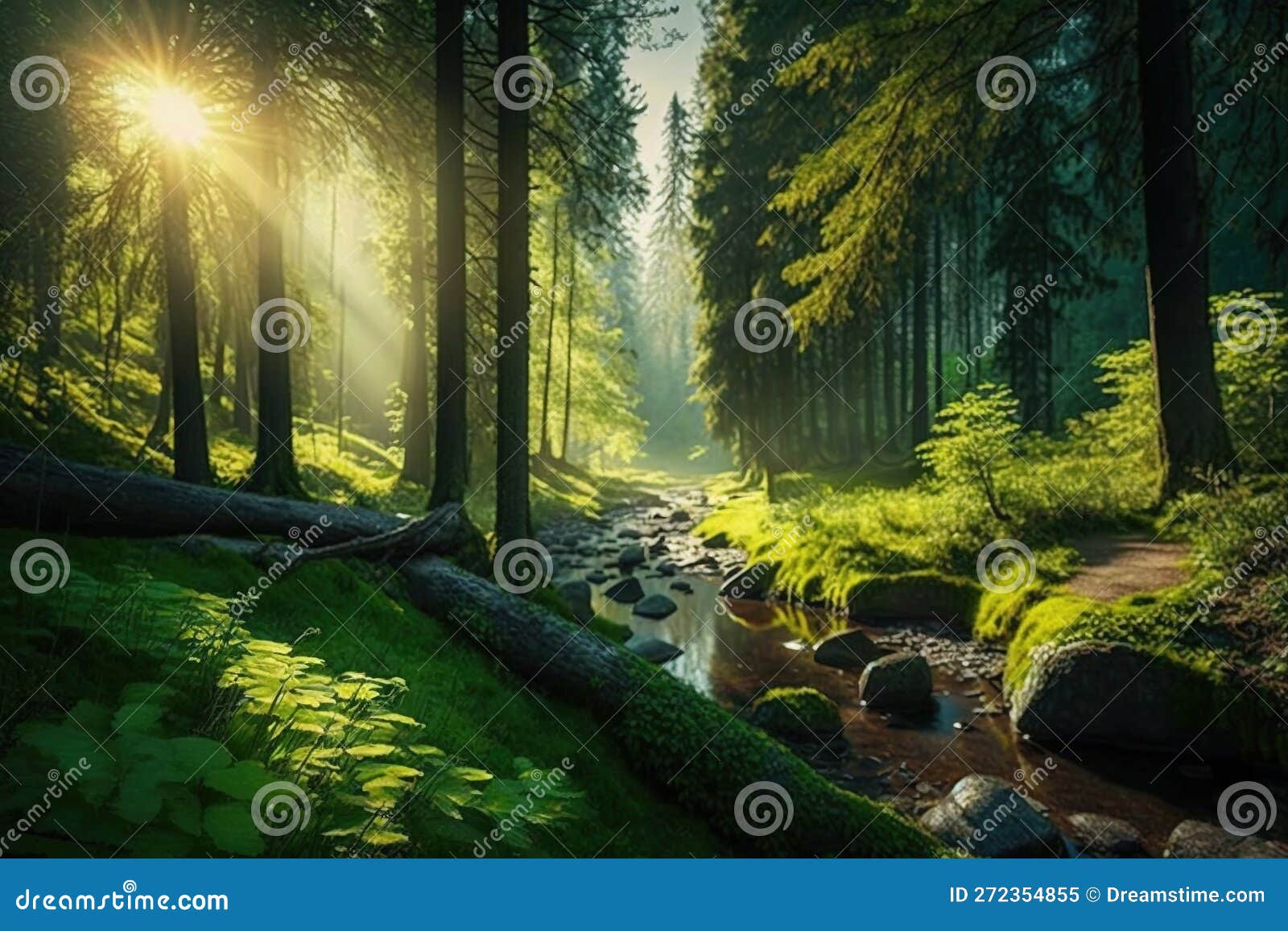 The Sun Shines through the Trees in a Forest with a Stream Running ...