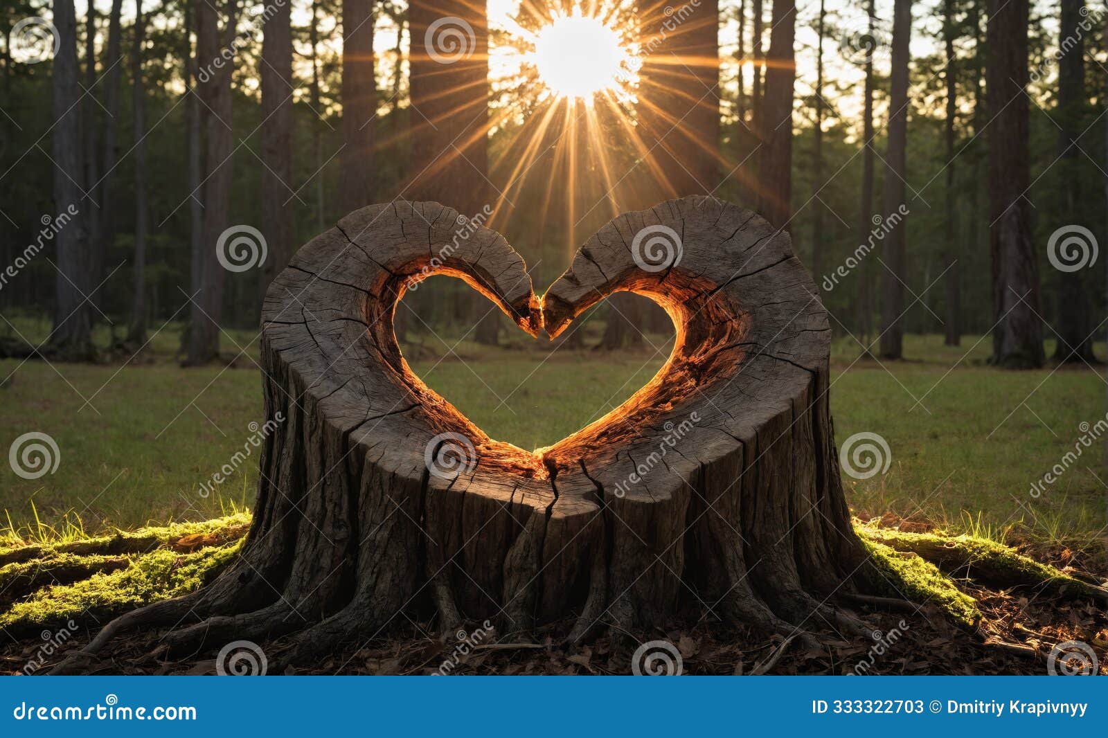 Heart-shaped Tree Stump with Sun Shining through Stock Illustration ...