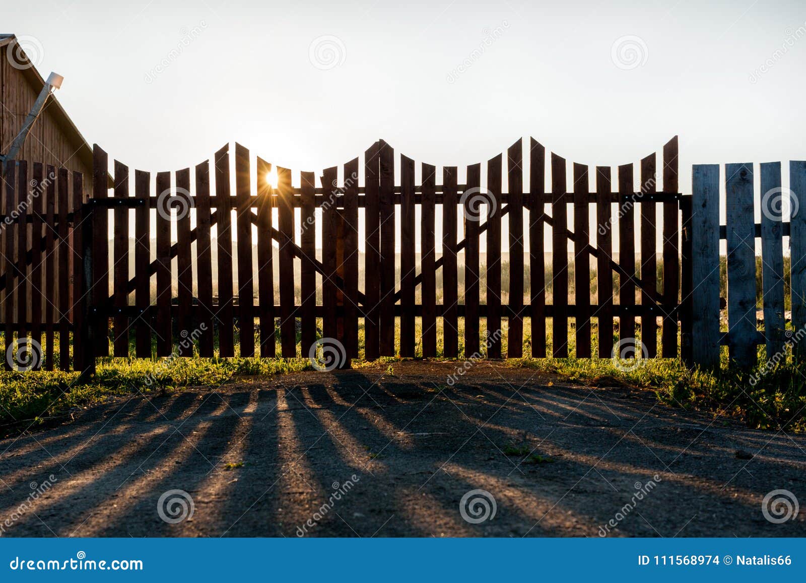 Sun is Shining through Wooden Gate at Dawn in Summer. Stock Photo ...