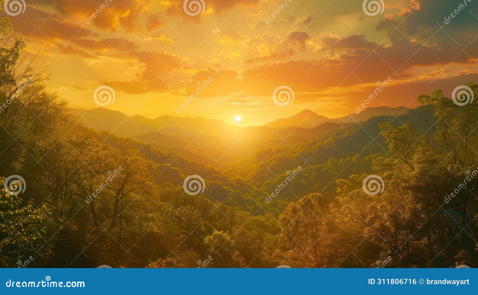 Sun Setting Over Mountain Range Stock Illustration - Illustration of ...