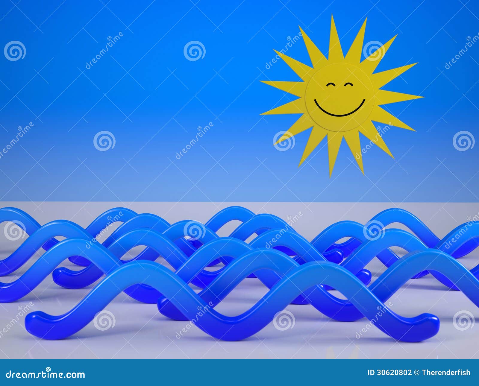 Sun Smiling Down on Blue Waves Stock Illustration - Illustration of ...