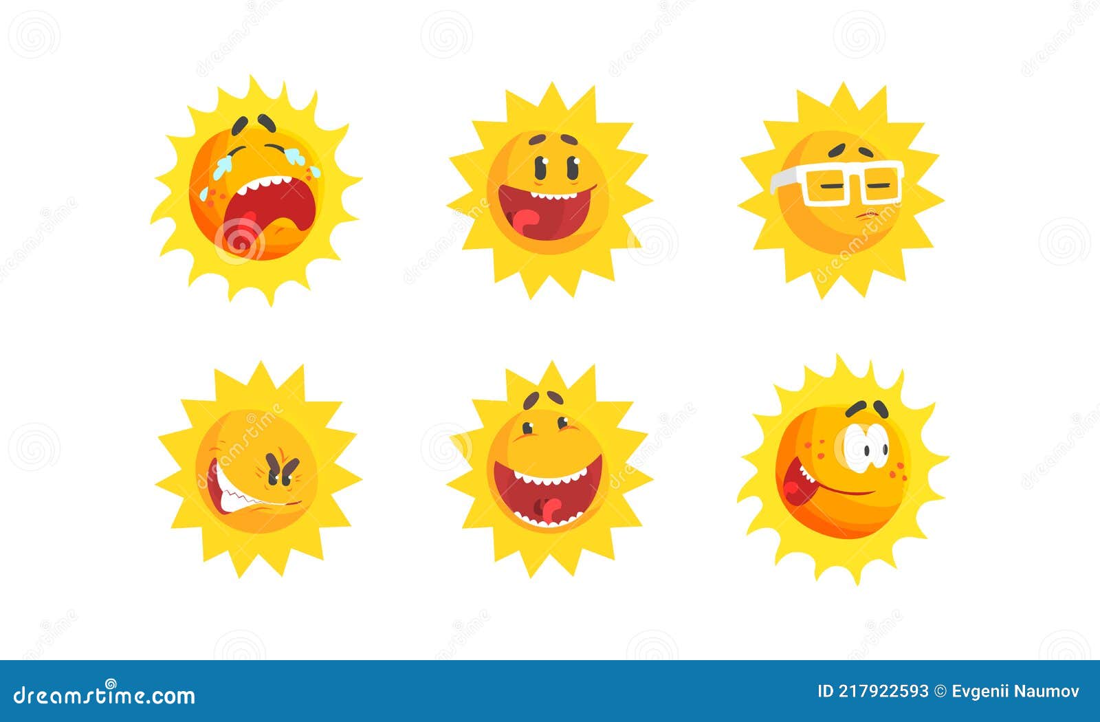Sun with Sunbeams Having Smiling and Crying Face Vector Set Stock ...