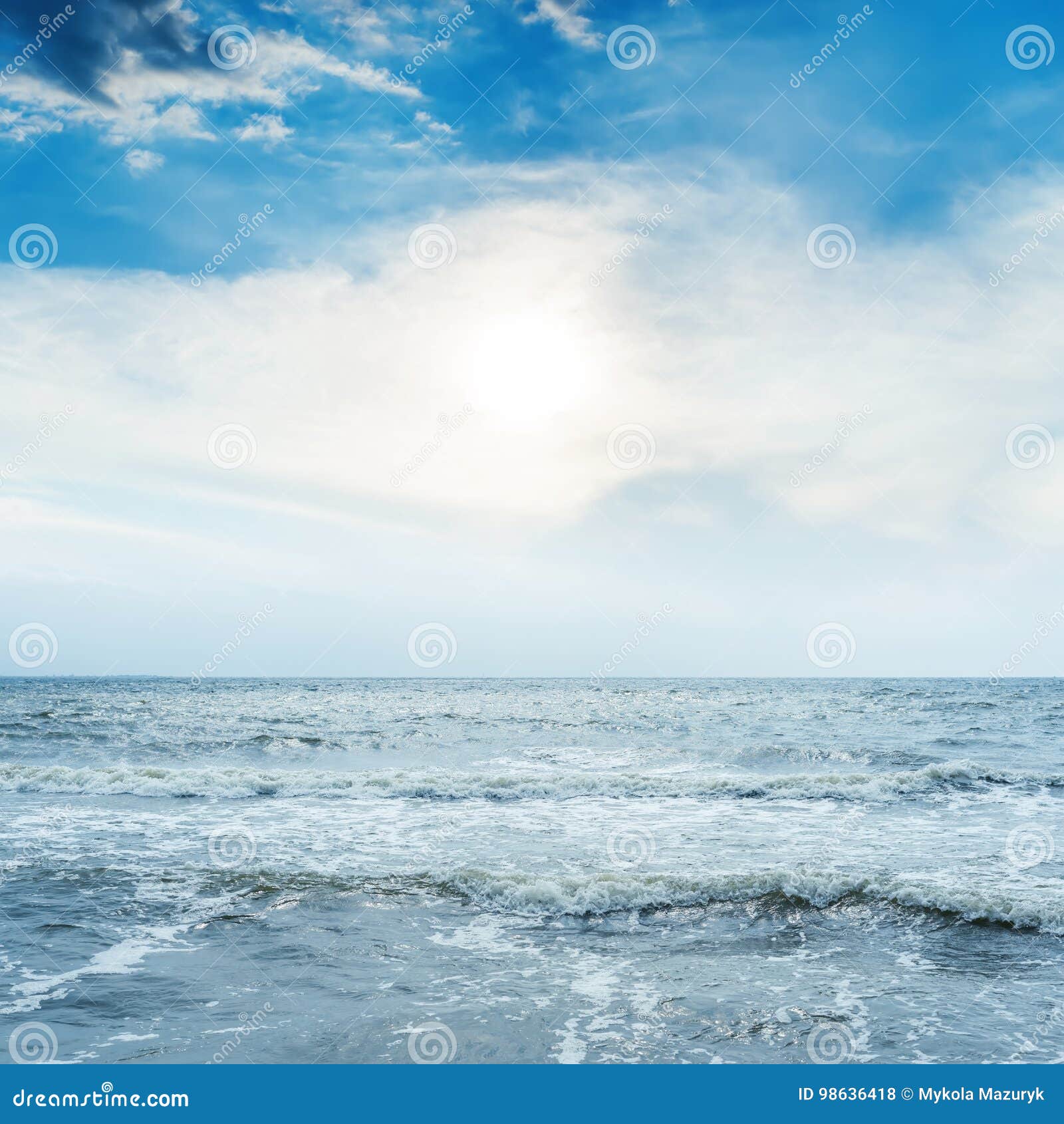 Sun in Sunset Over Blue Sea with Waves Stock Photo - Image of ...