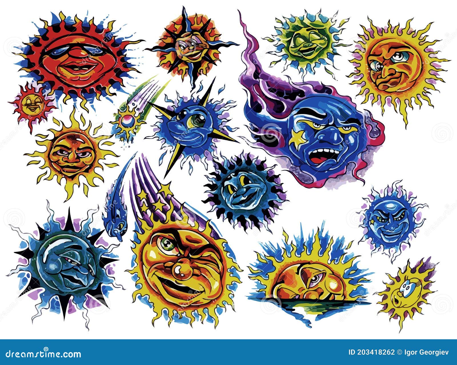 Sun Tattoo Set. Set of Labels and Elements. Vector Set Illustration ...