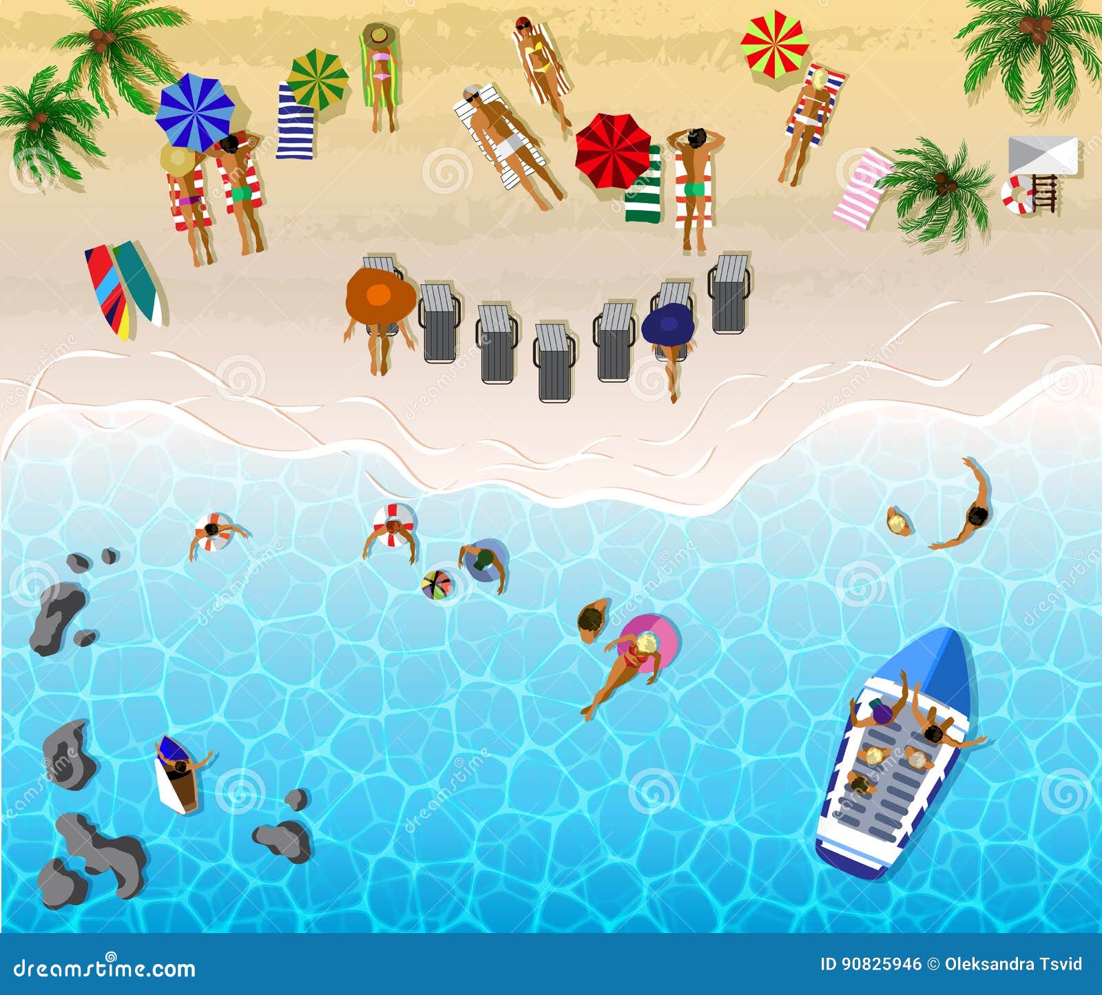 Sunbathing People. Sunny Beach View Stock Vector - Illustration of ...