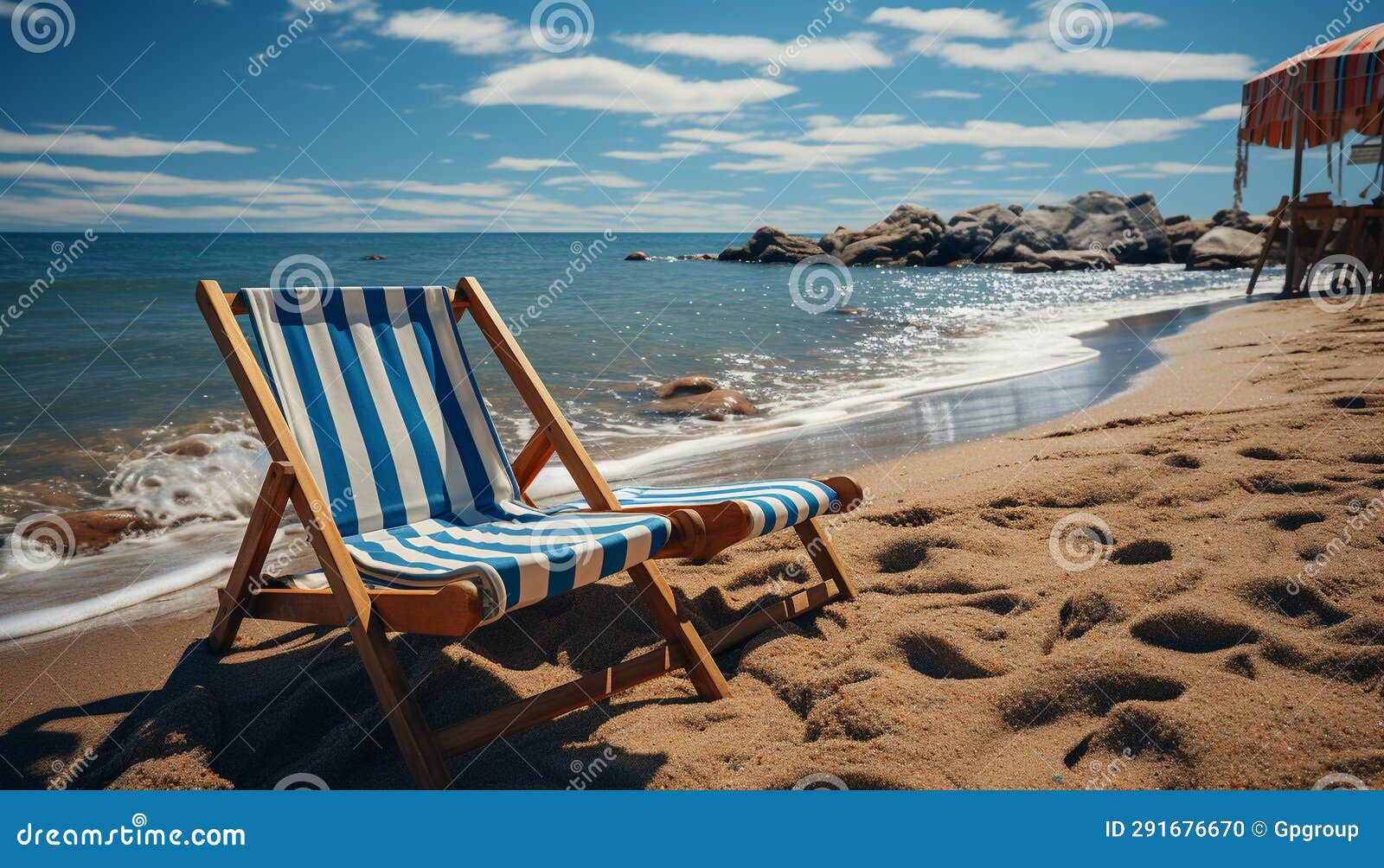 Sunbathing on a Striped Deck Chair by the Tranquil Coastline Generated ...
