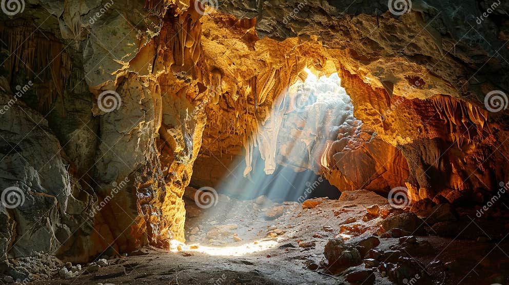 Sunbeam Illuminating a Cave Interior Stock Photo - Image of rock ...