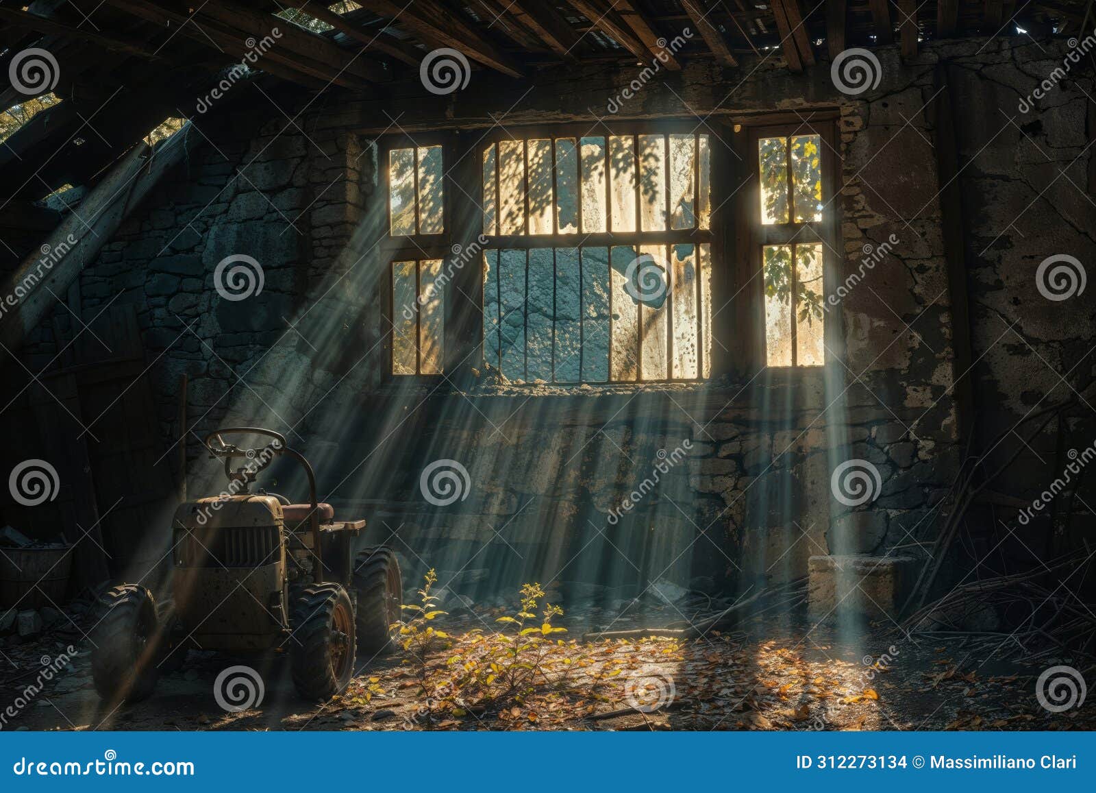 Sunbeams Pierce Through The Window Of A Dilapidated Barn With An Old ...