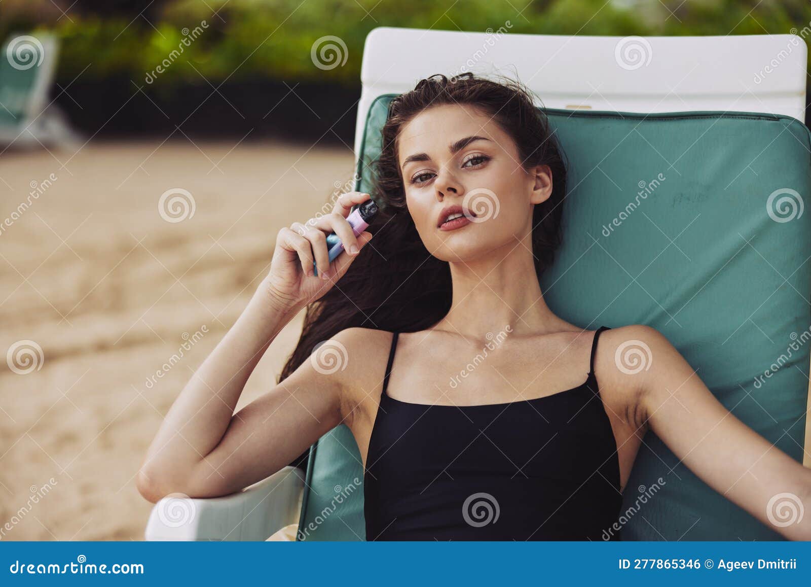 Woman Sunbed Sunglasses Lifestyle Lying Smiling Beach Sand Resort Sea