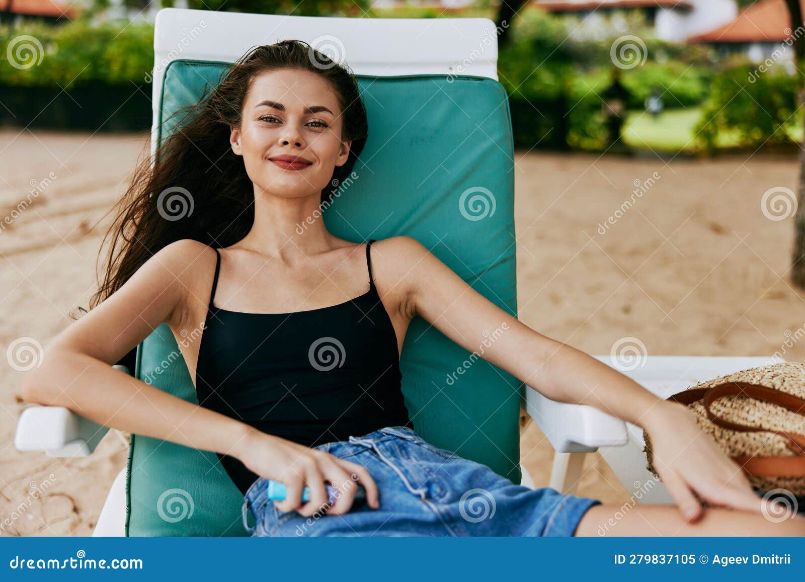 Sunbed Woman Lifestyle Lying Smiling Beach Ocean Brunette Sand Sea