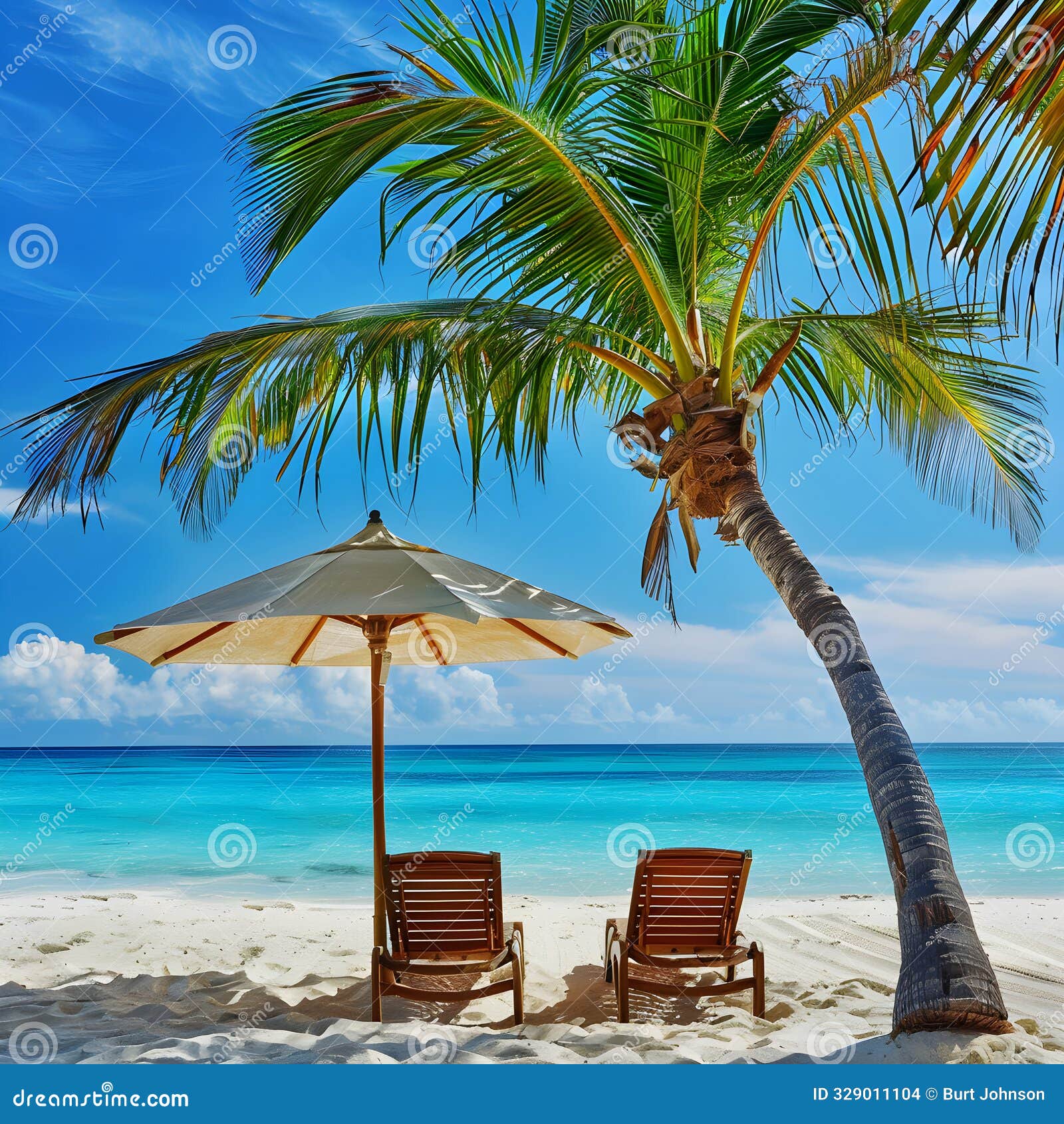 Sunbeds Under a Palm Tree and a Beach Umbrella on a Tropical Beach ...