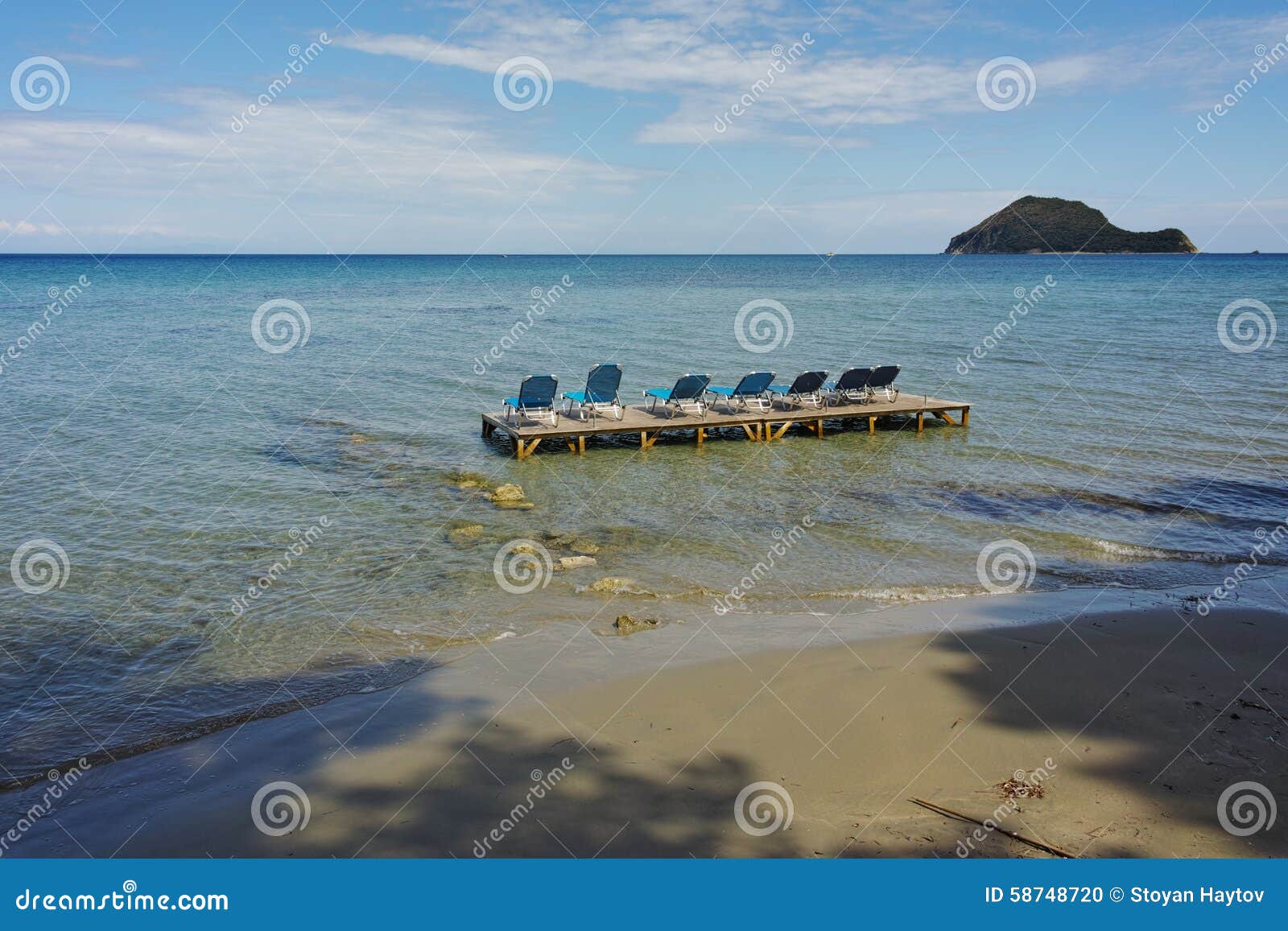 Sunbeds in the Water, Koukla Beach, Zakynthos Island Stock Photo ...