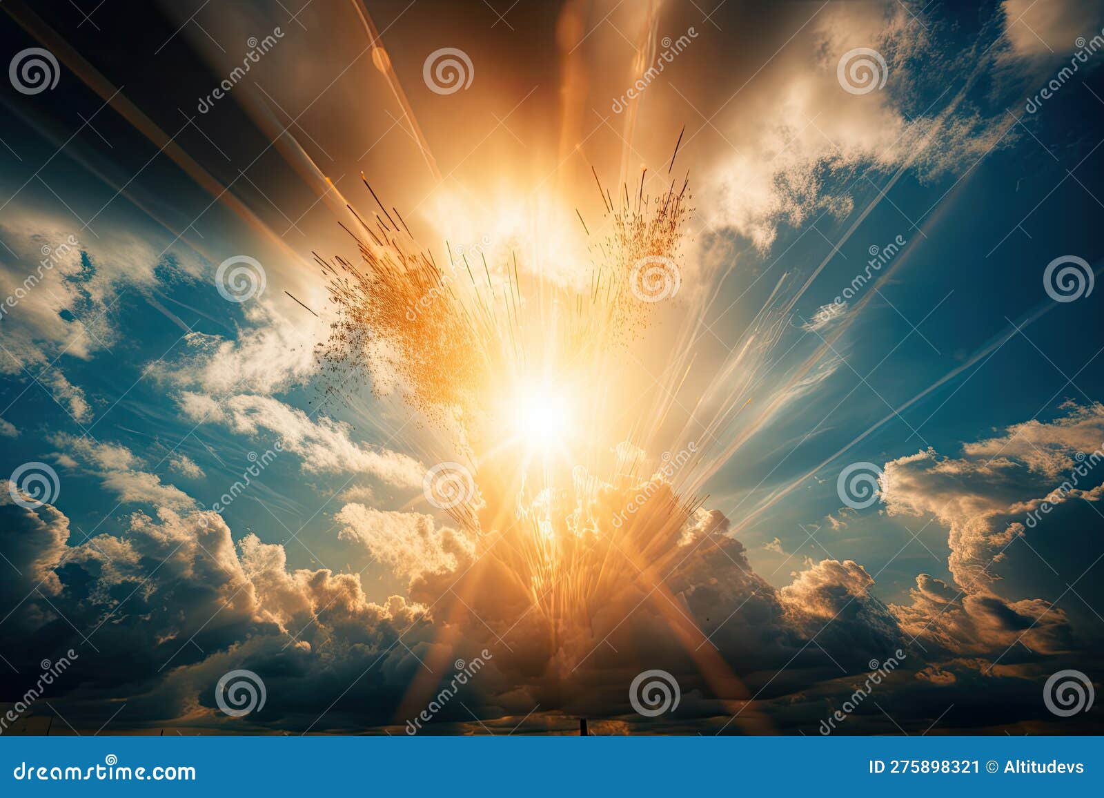 A Sunburst of Explosions in the Sky, with Rays of Light Shooting ...