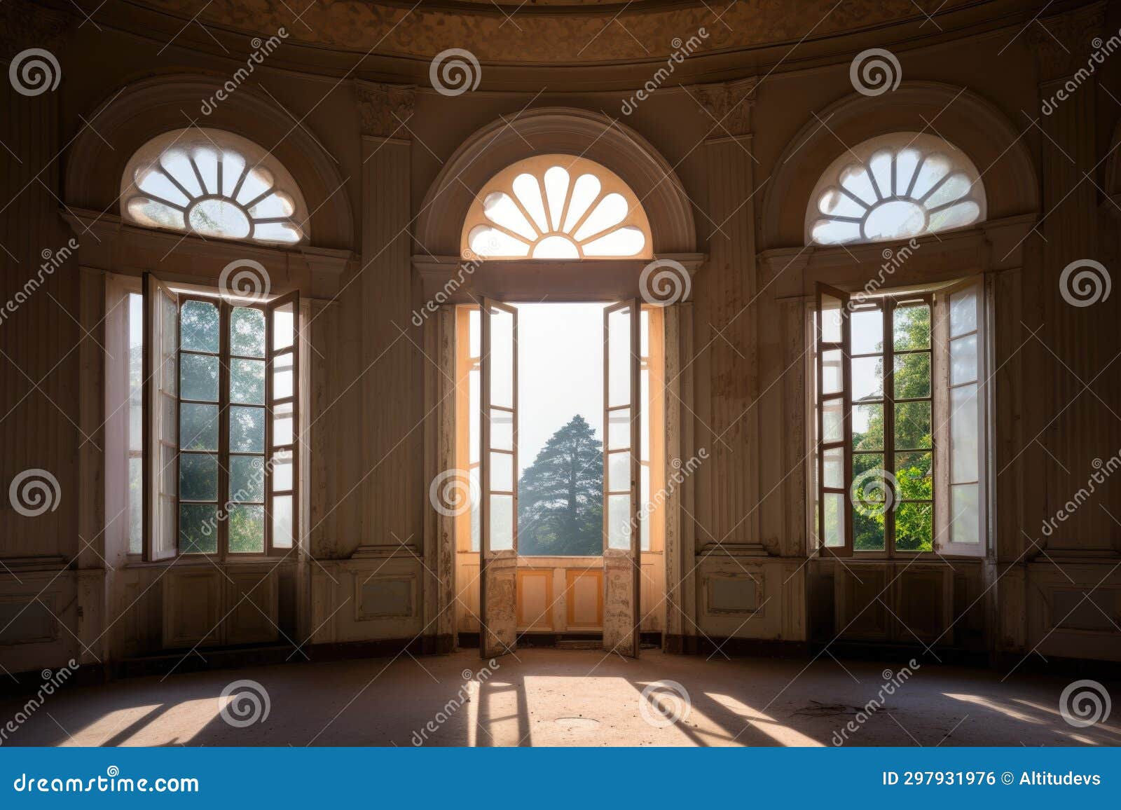Sunburst Shining through Tall, Rounded Windows of an Italianate ...