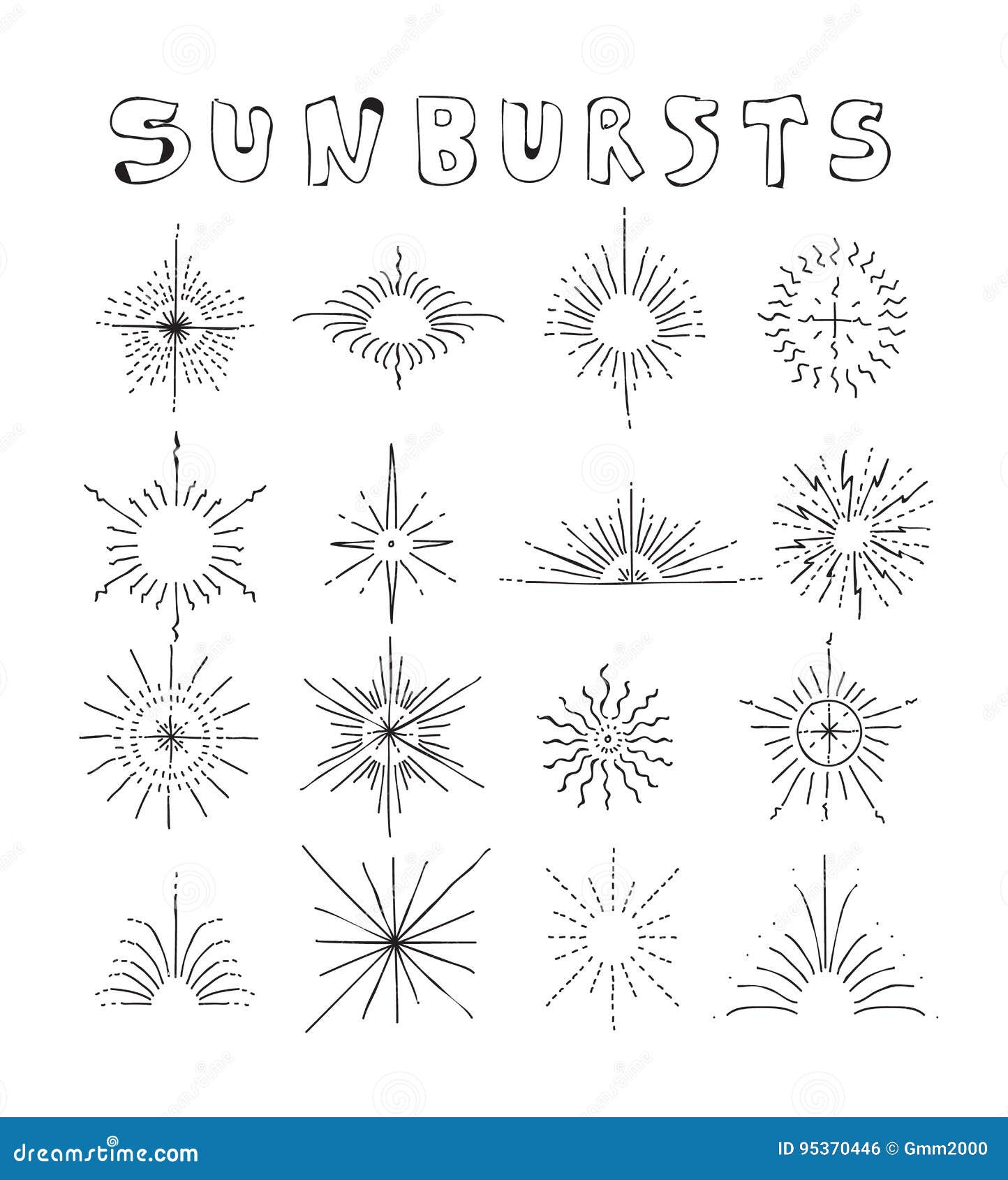 Sunbursts Hand Drawn Vector Set Line Art Illustration Editable S Stock ...