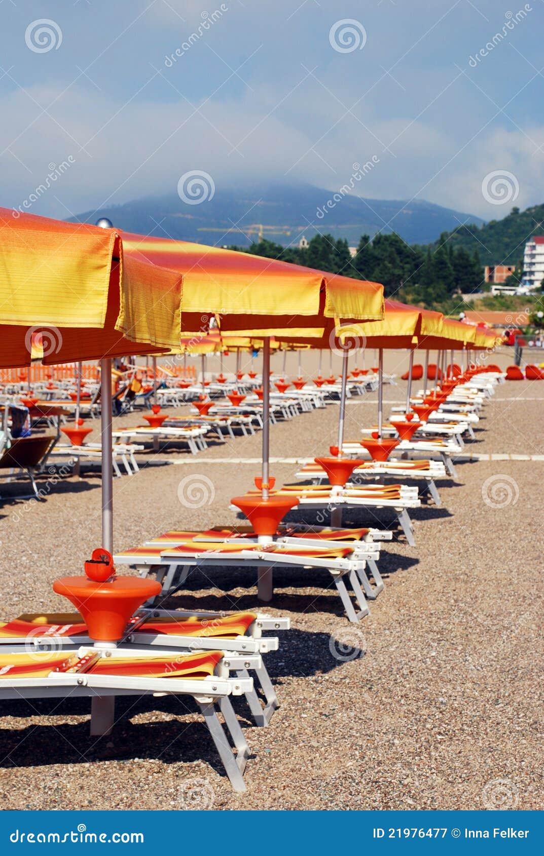 Sunchairs and Umbrellas on Mediterranean Beach Stock Image - Image of ...