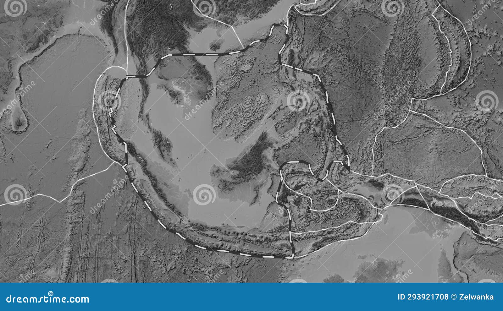 Sunda Plate Dashed. Patterson Cylindrical. Grayscale Stock Illustration ...