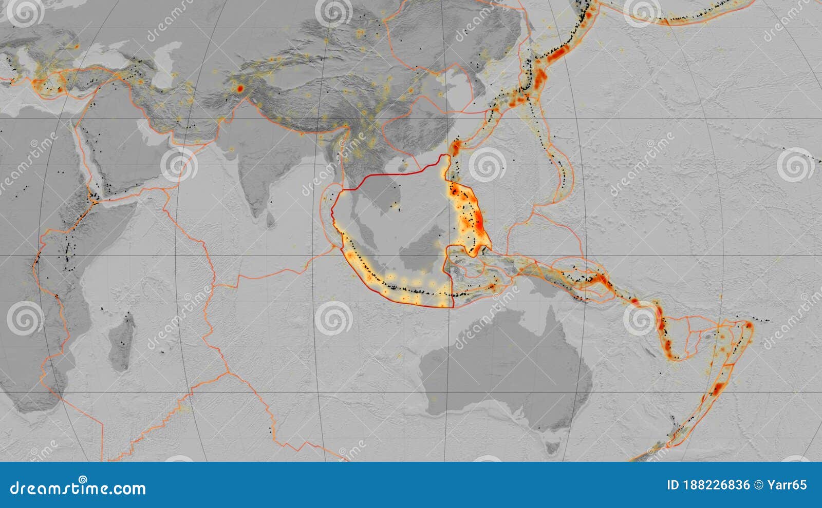 Sunda Plate Outlined, Mollweide Projection - Grayscale Stock ...