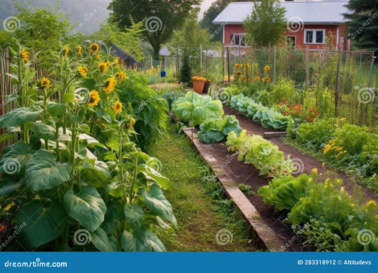 Sunflower Border Around a Thriving Vegetable Garden Stock Illustration ...