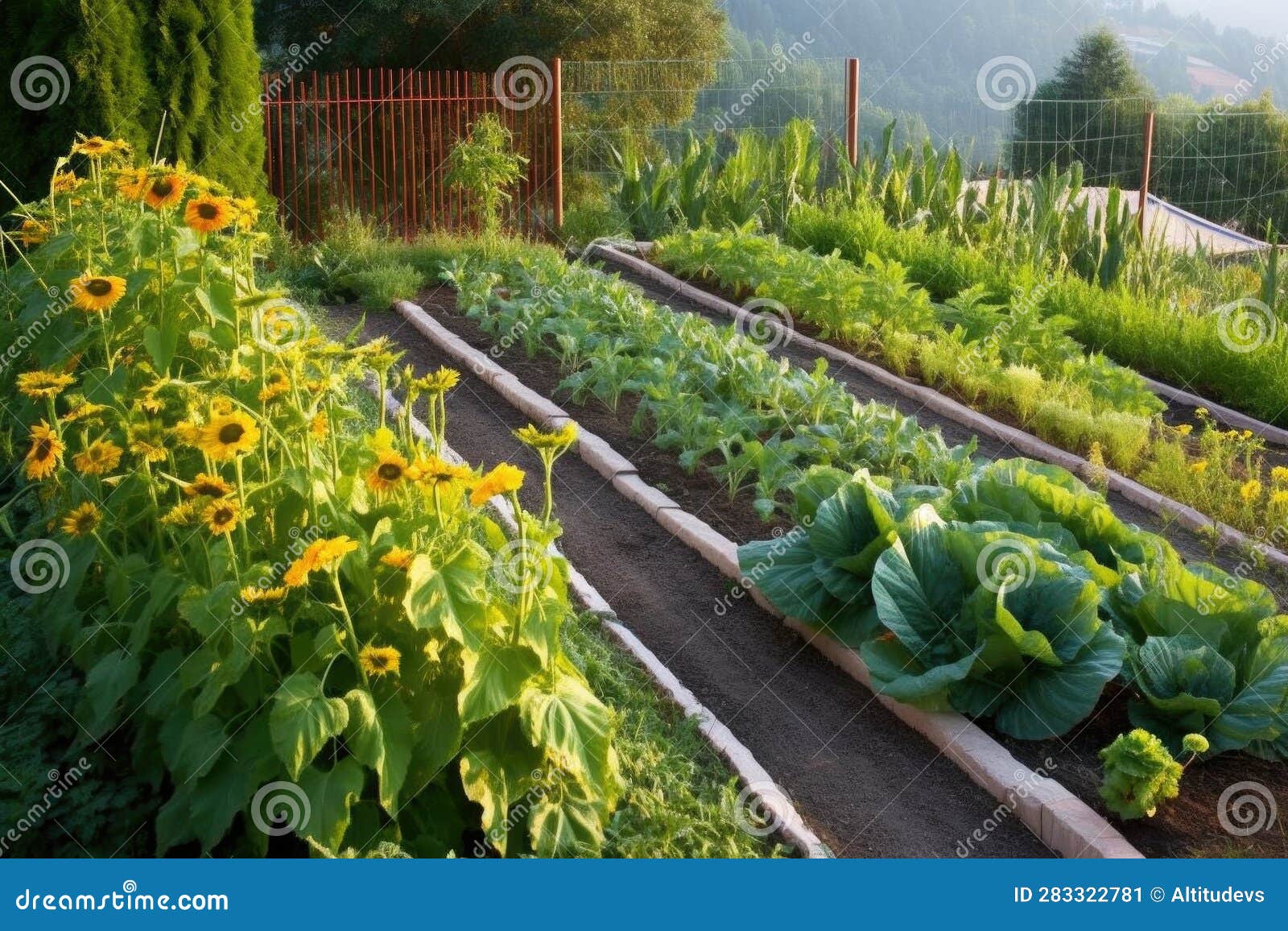 Sunflower Border Around a Thriving Vegetable Garden Stock Illustration ...