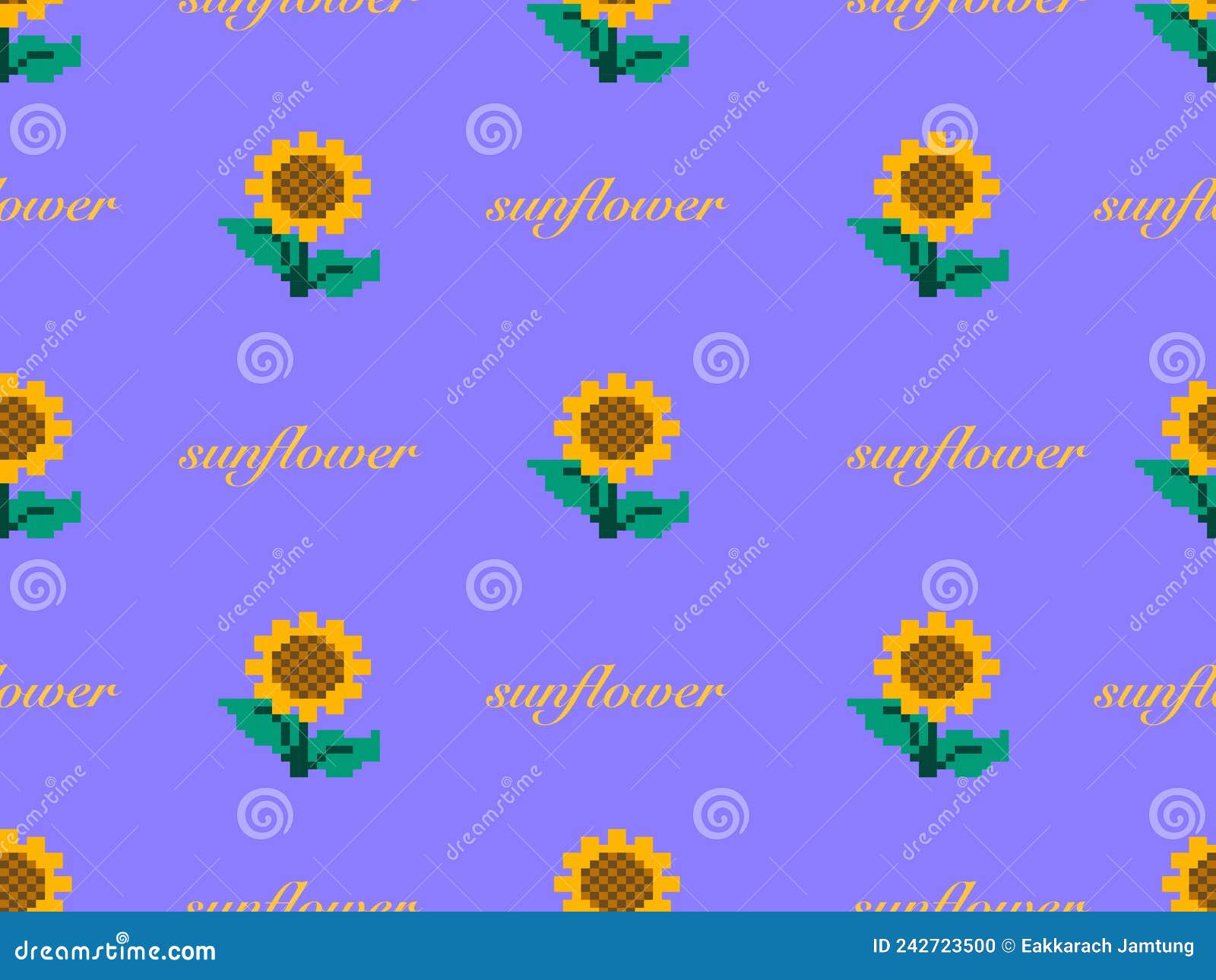 Sunflower Cartoon Character Seamless Pattern on Purple Background.Pixel ...