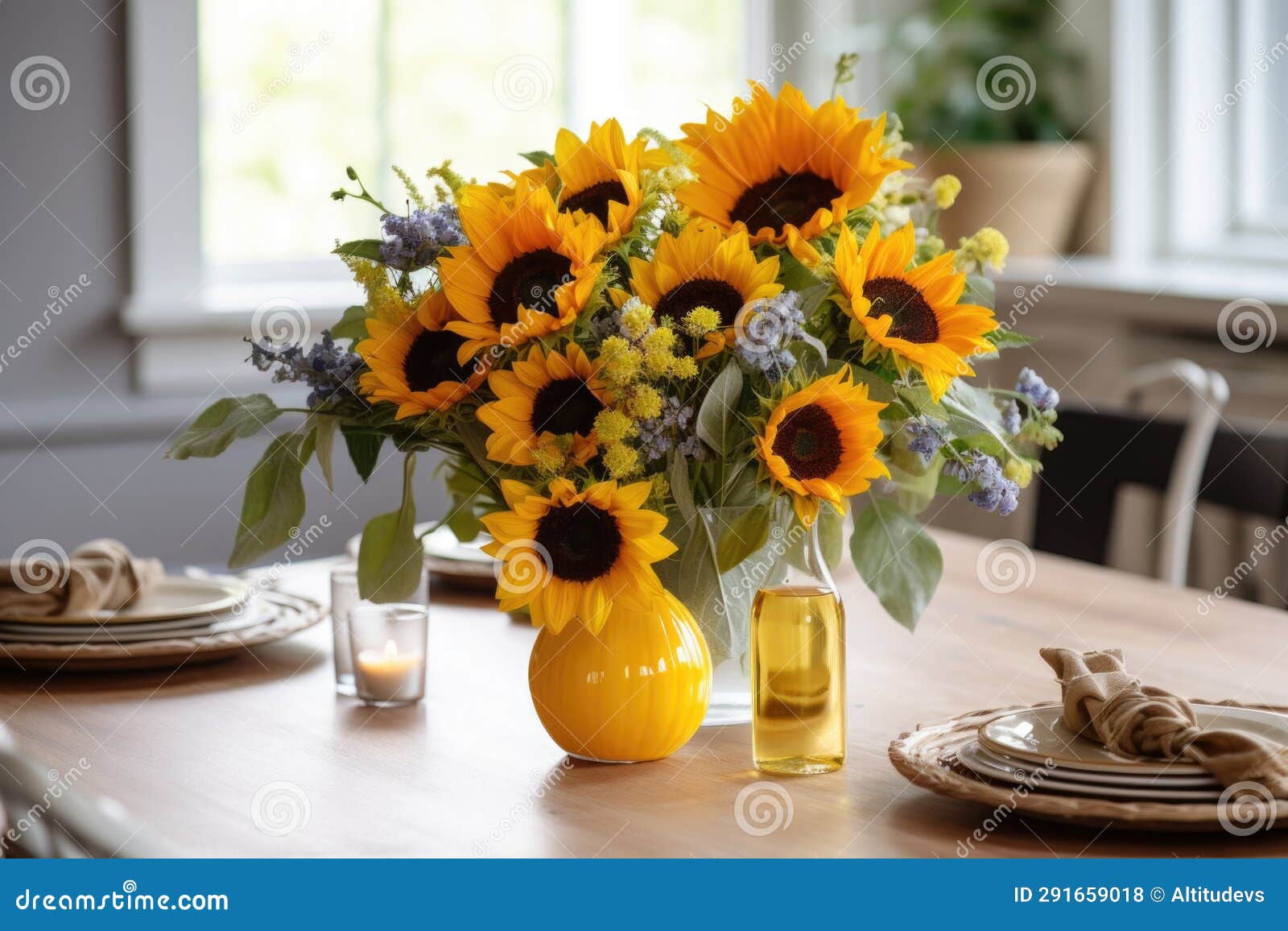 Sunflower Centerpiece on a Dining Table Stock Photo - Image of ...