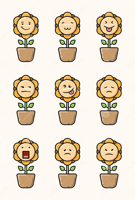 Set of 9 Modern Flat Emoticons: Cute Cartoon Sunflower with Different ...