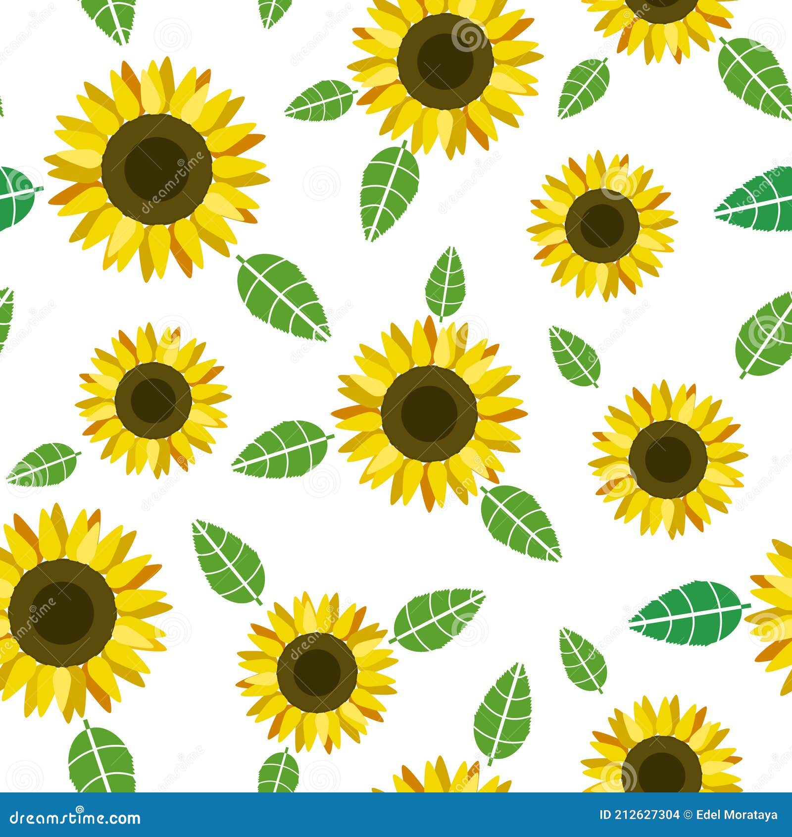 Sunflower Flat Design Floral Vector Illustration, and Leaves, Seamless ...