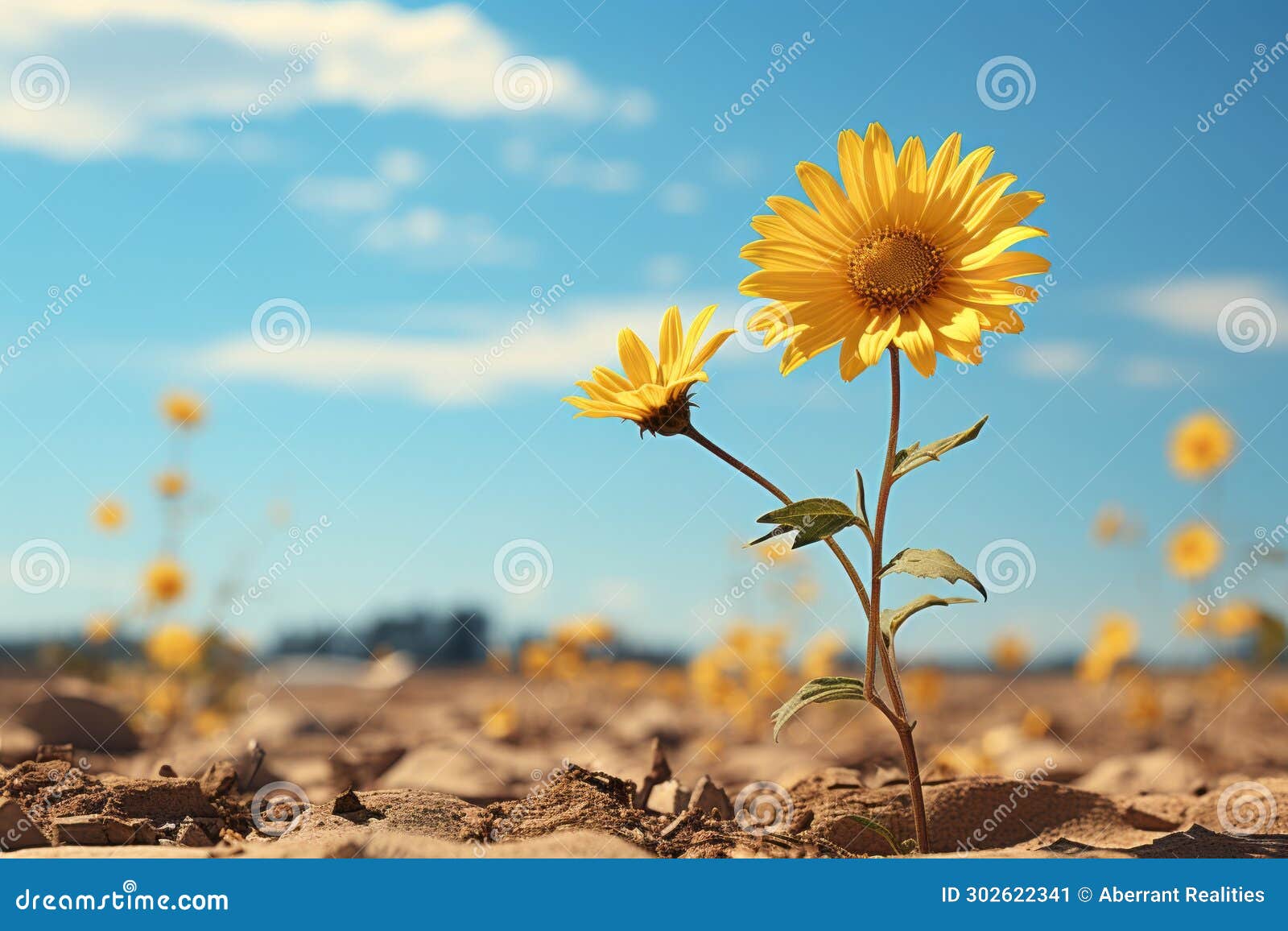 A Sunflower Growing Out of the Ground in the Middle of a Field Stock ...