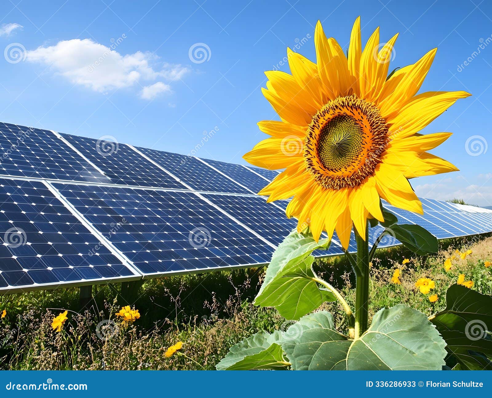 Sunflower Leaning Over Solar Panel Symbolizing Clean Renewable Power ...