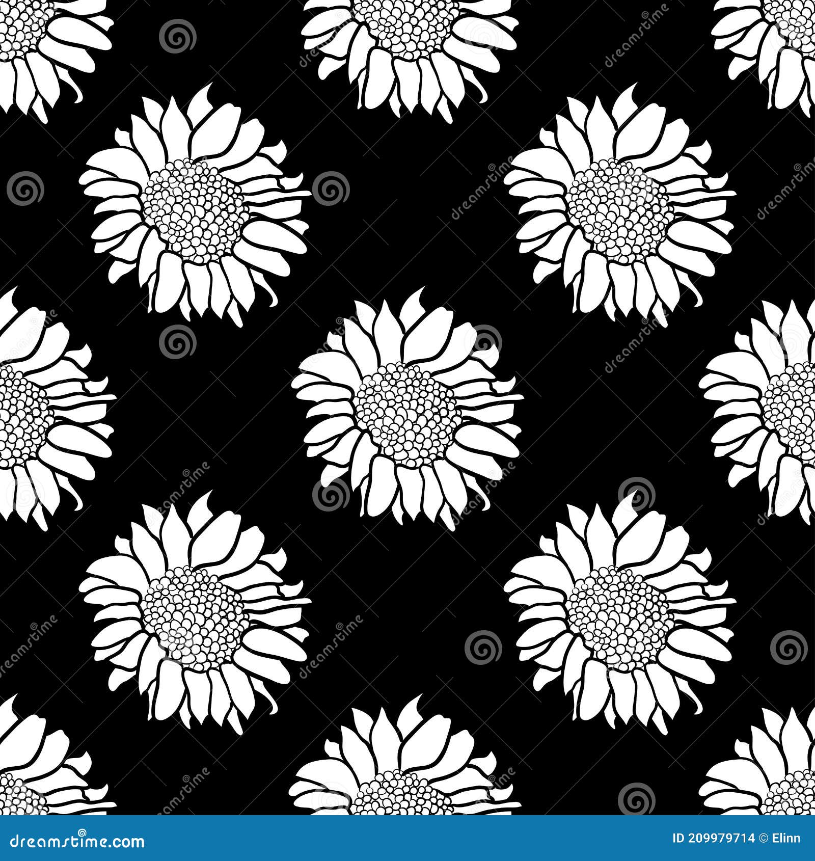 Sunflower Repeat Pattern in Black and White Stock Vector - Illustration ...