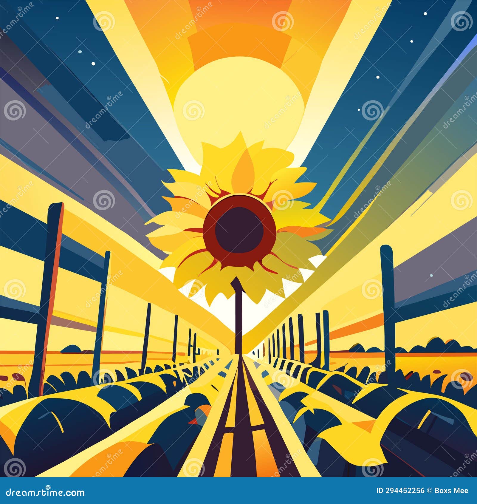 Sunflower on the Road at Sunset. Vector Illustration in Flat Style ...