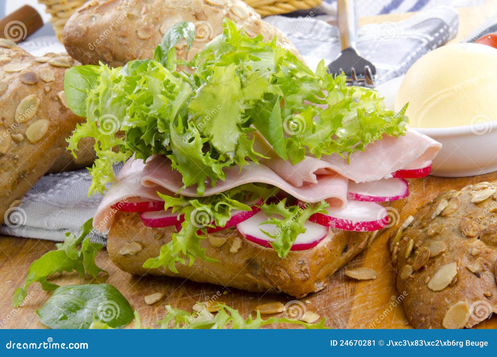 Sunflower Seed Roll with Smoked Ham Stock Image - Image of board ...