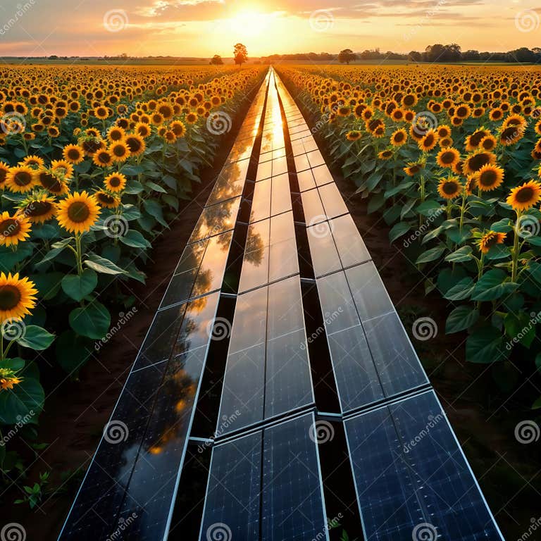 Reflective Solar Panels Create Pathway through Sunflower Field ...