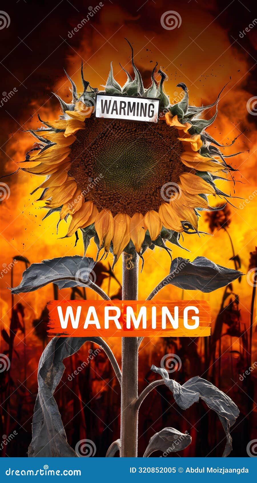 Sunflower with Warming Label on Scorched Head Against Fiery Backdrop ...