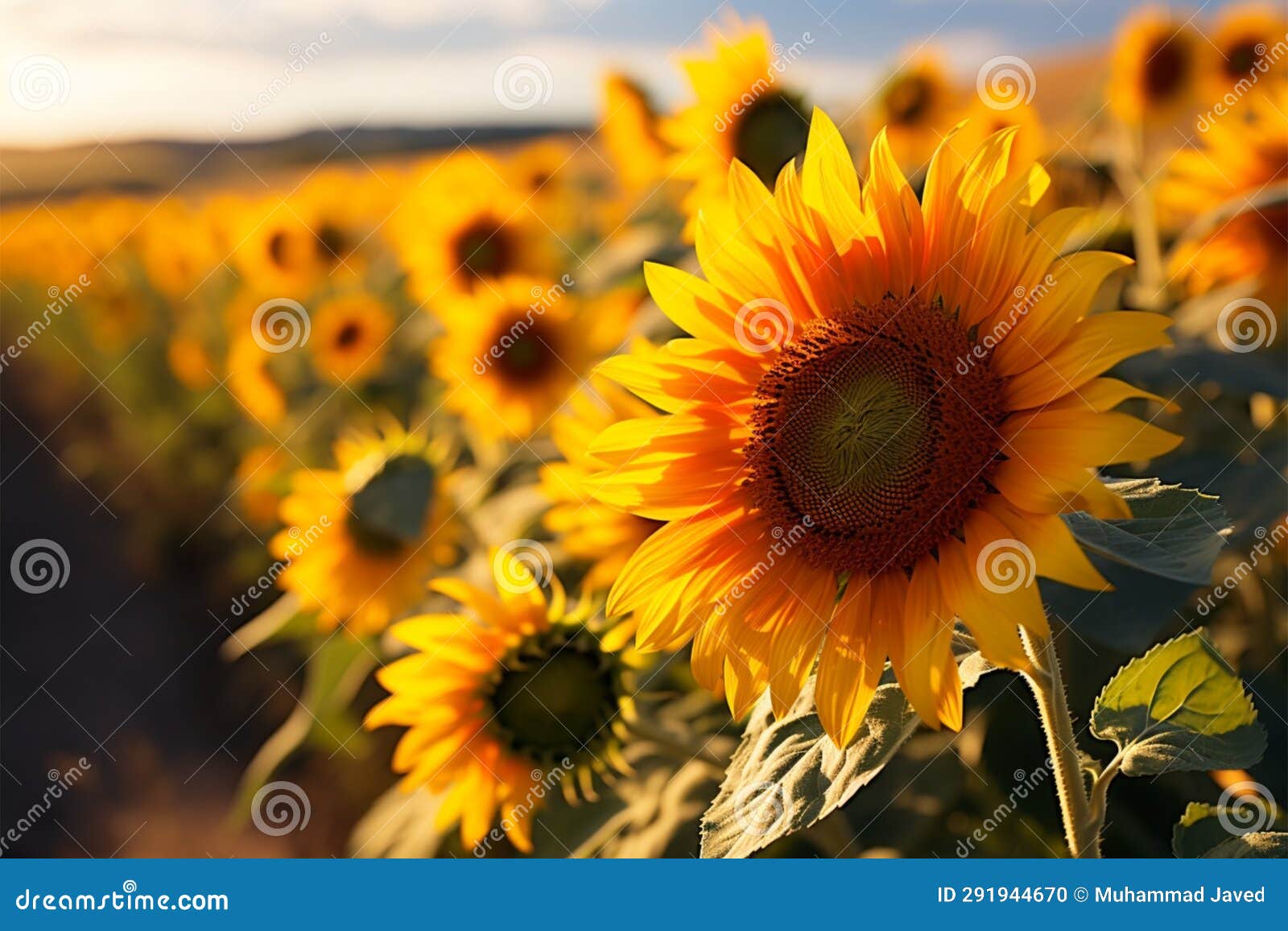 Sunflowers in Full Bloom, Basking in the Backdrop of a Sunset Stock ...