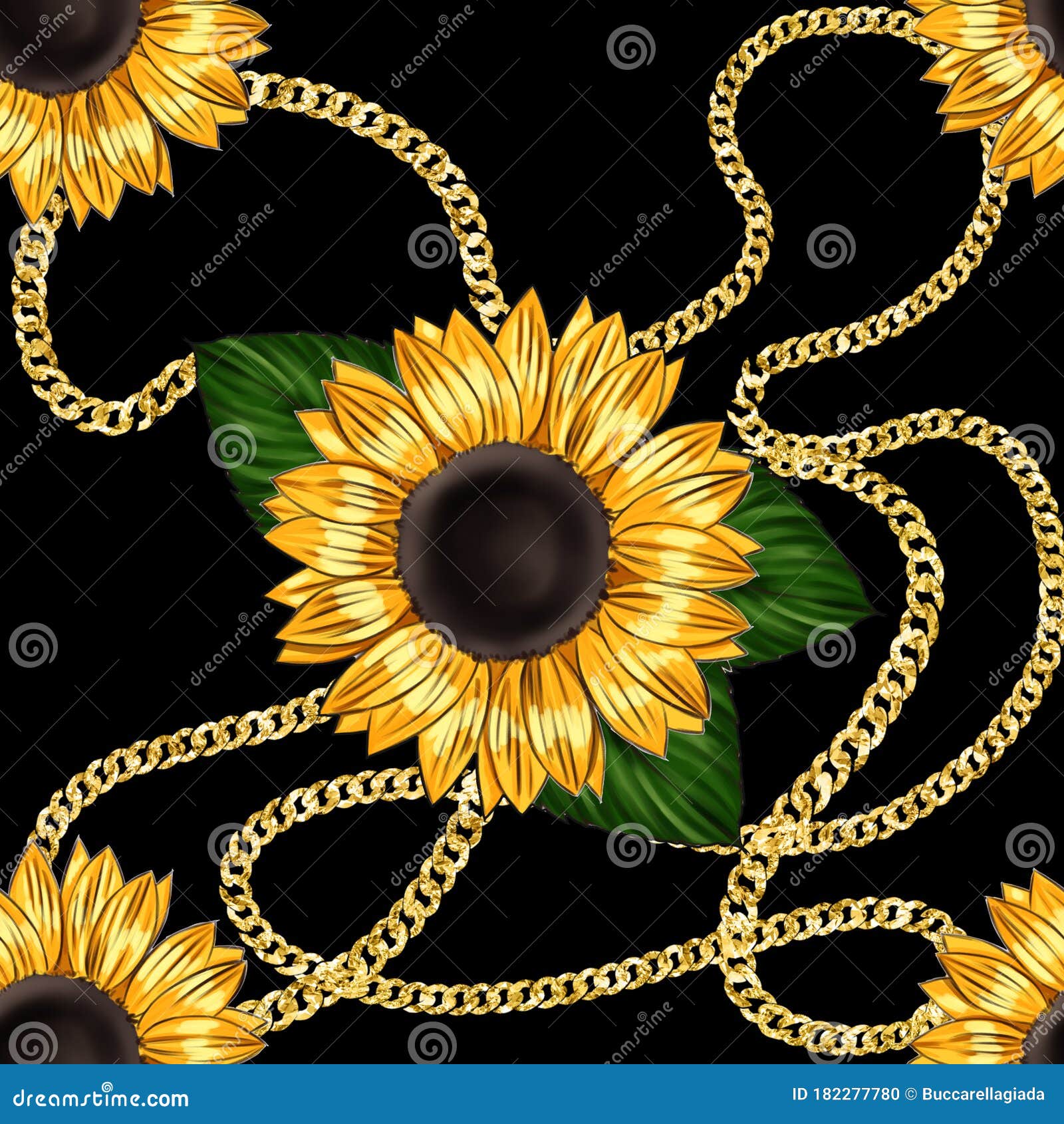 SUNFLOWERS and GOLD CHAINS SEAMLESS PATTERN on BLACK BACKGROUND Stock ...