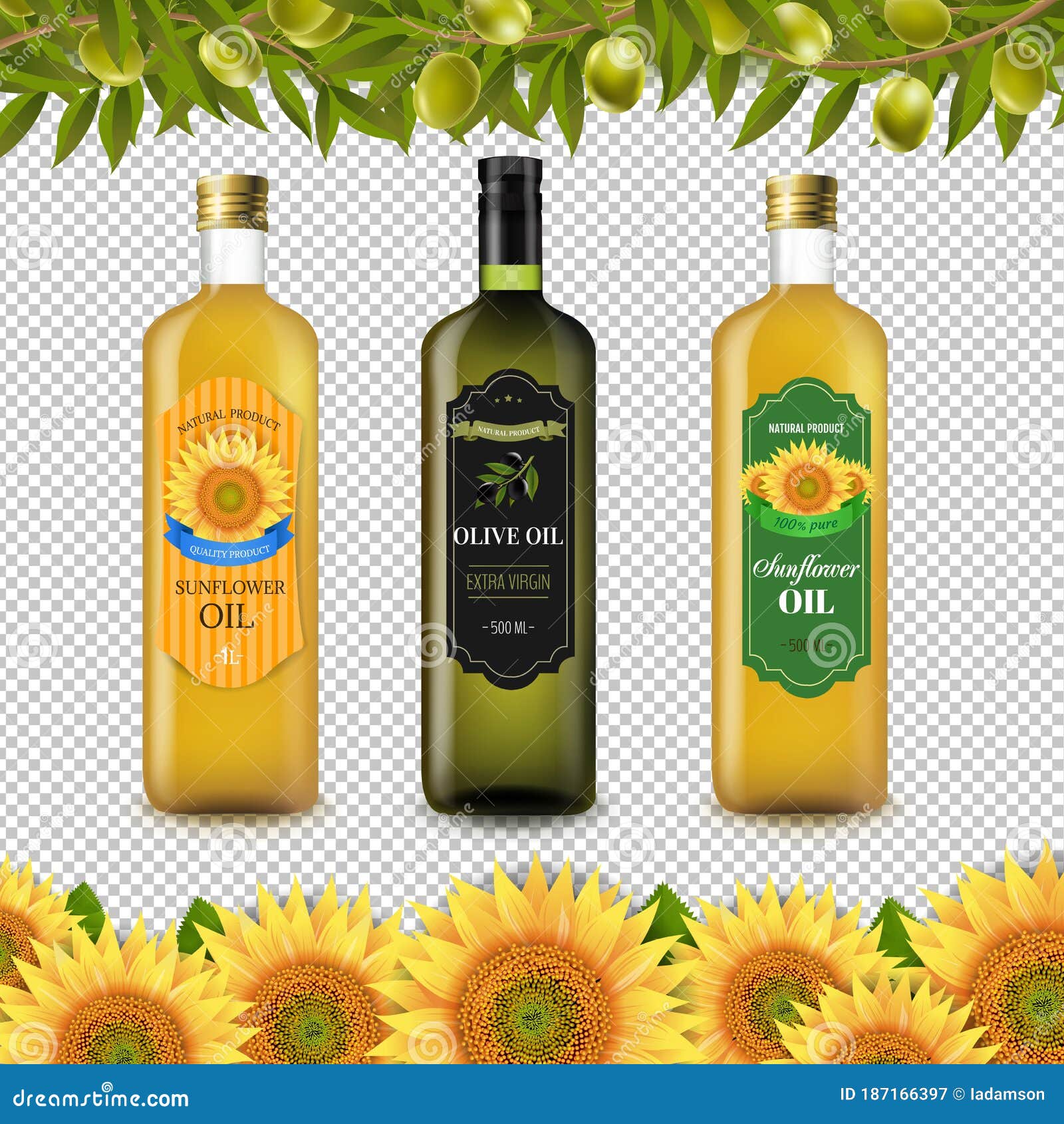 Sunflowers and Olive Oils Bottle Labels with Border Isolated ...