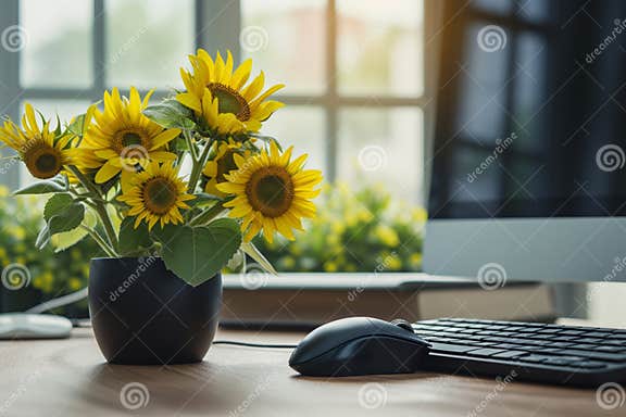 Sunflowers Rising from a Computer Mouse on a Desk Stock Photo - Image ...