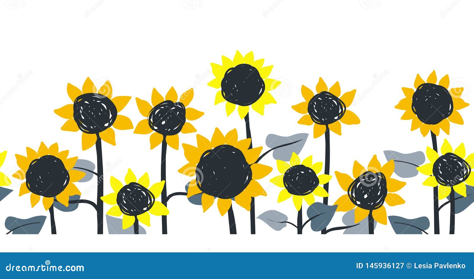 Sunflowers. Vector Horizontal Border Seamless Pattern. Hand Drawn ...