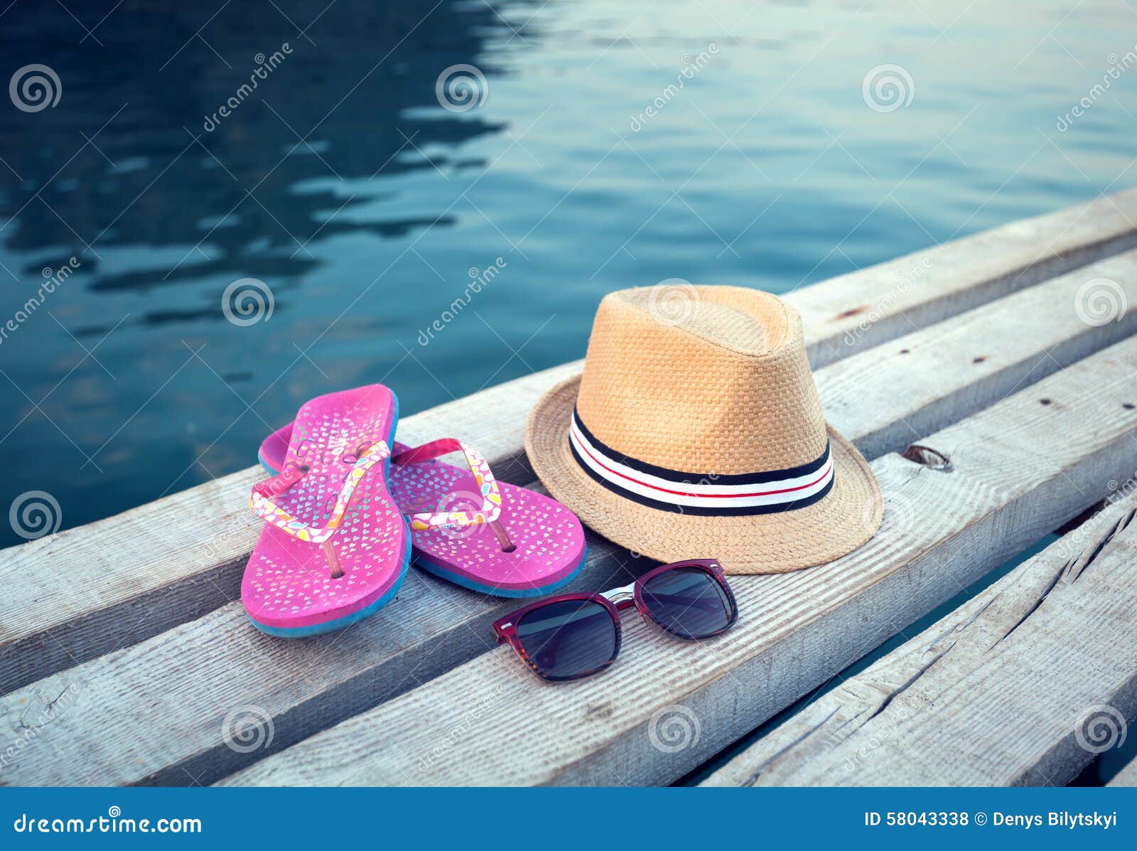 Sunglasses, Flip-flops and Hat on the Wooden Texture in Summer Stock ...