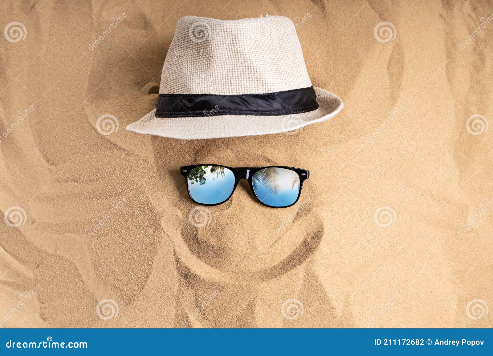 Sunglasses and Hat on Sand at Beach Stock Photo - Image of concept ...