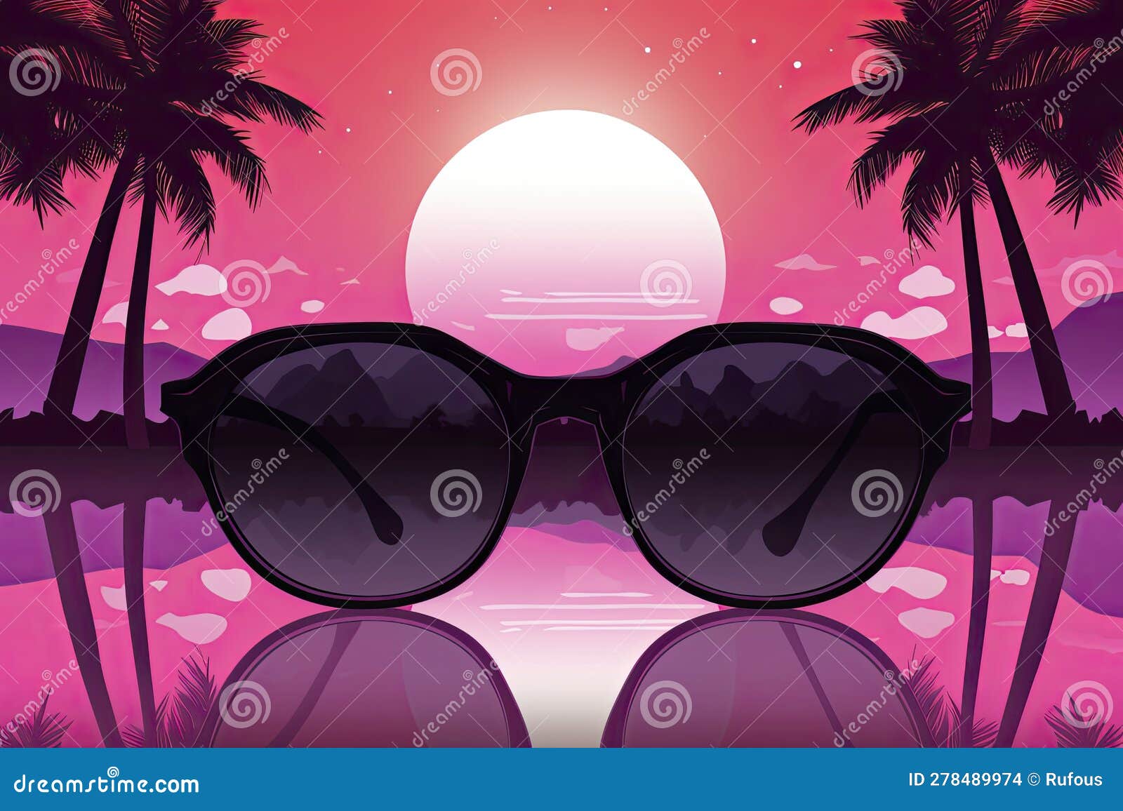Sunglasses with Palms Reflection Vector Illustration Background. Pink ...
