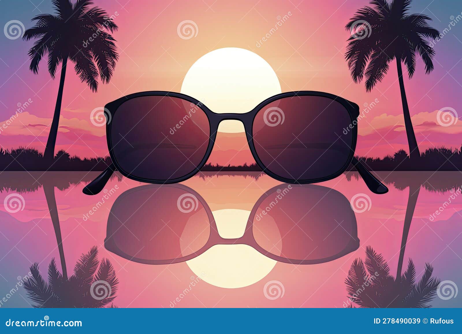 Sunglasses with Palms Reflection Vector Illustration Background. Pink ...