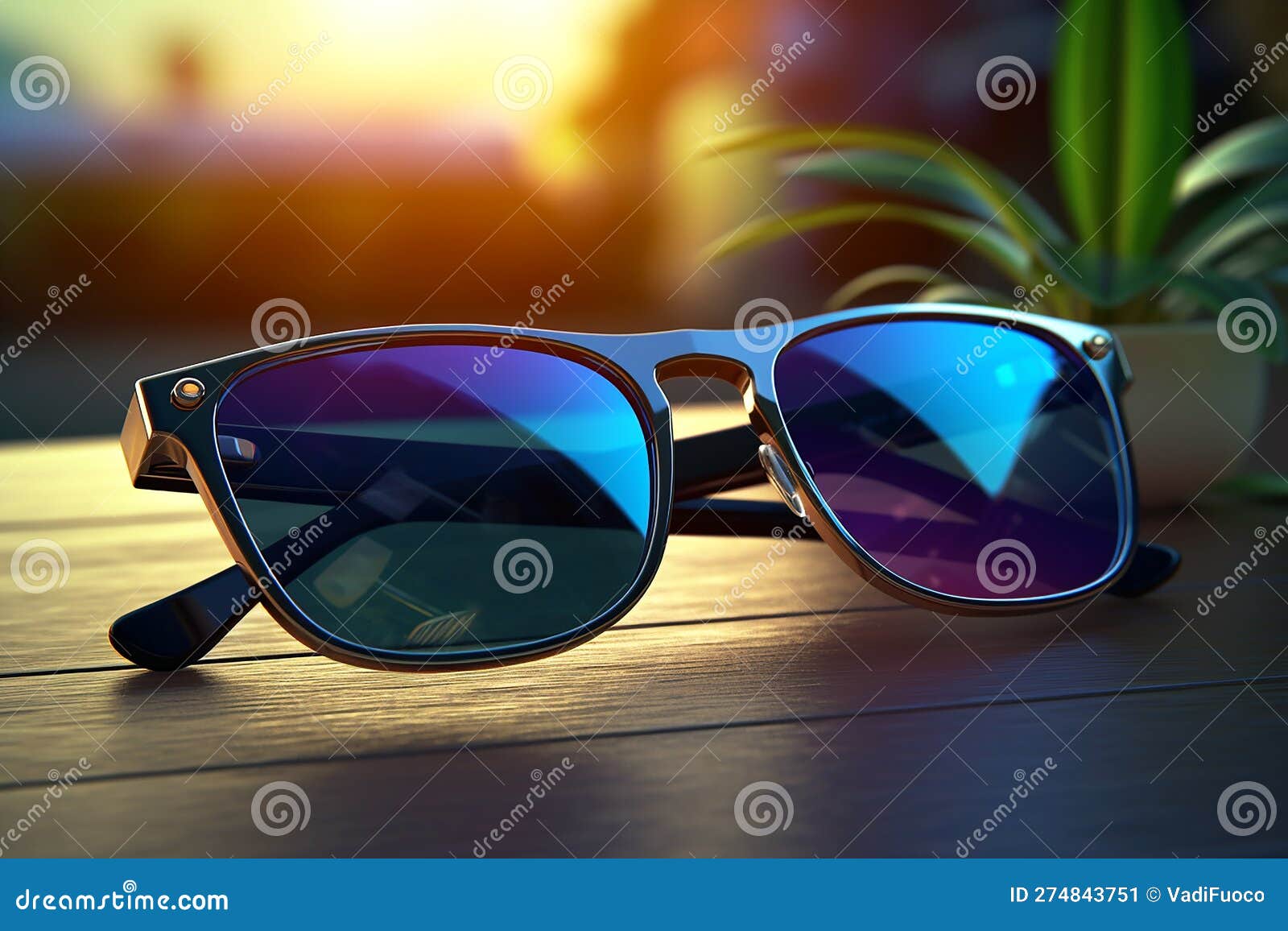 Sunglasses on a Wooden Table Against a Sunset Backdrop. Stock ...